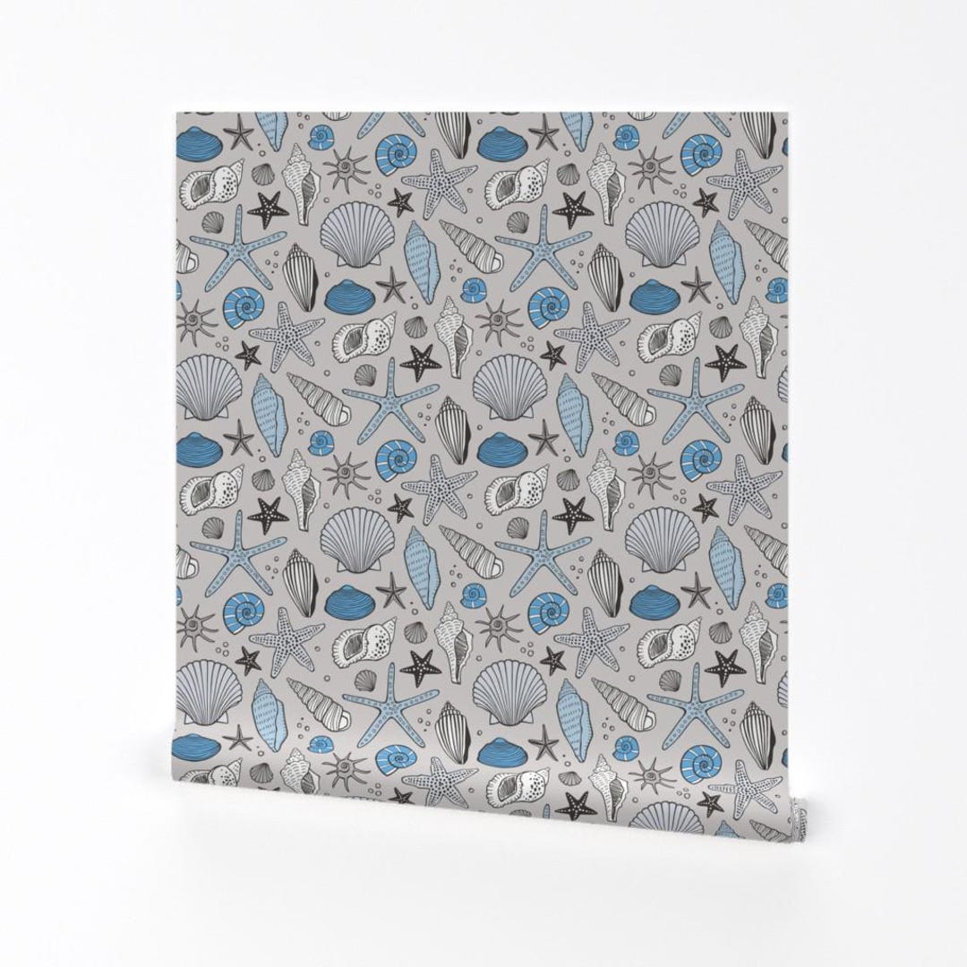 Shells Wallpaper - Seashells Nautical Blue Gray by Caja Design - Gray ...