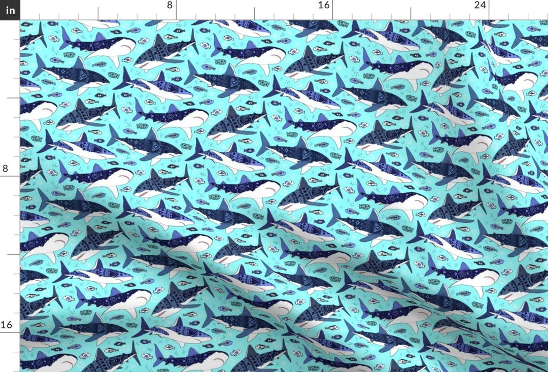 Shark Fabric - Sharks & Fish on Aqua Blue Small by Tigatiga - Aztec ...