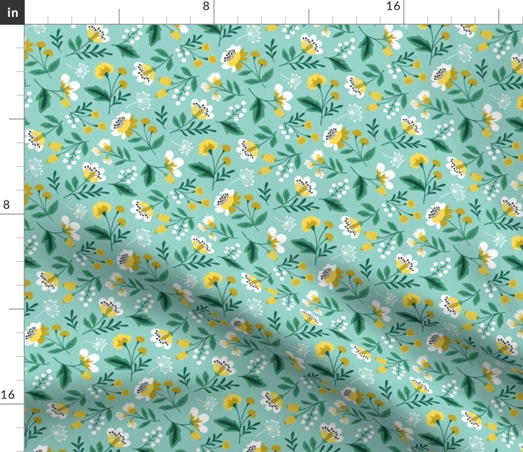 Spring Flowers Fabric Colorful Spring Flowers Yellow on Mint | Etsy