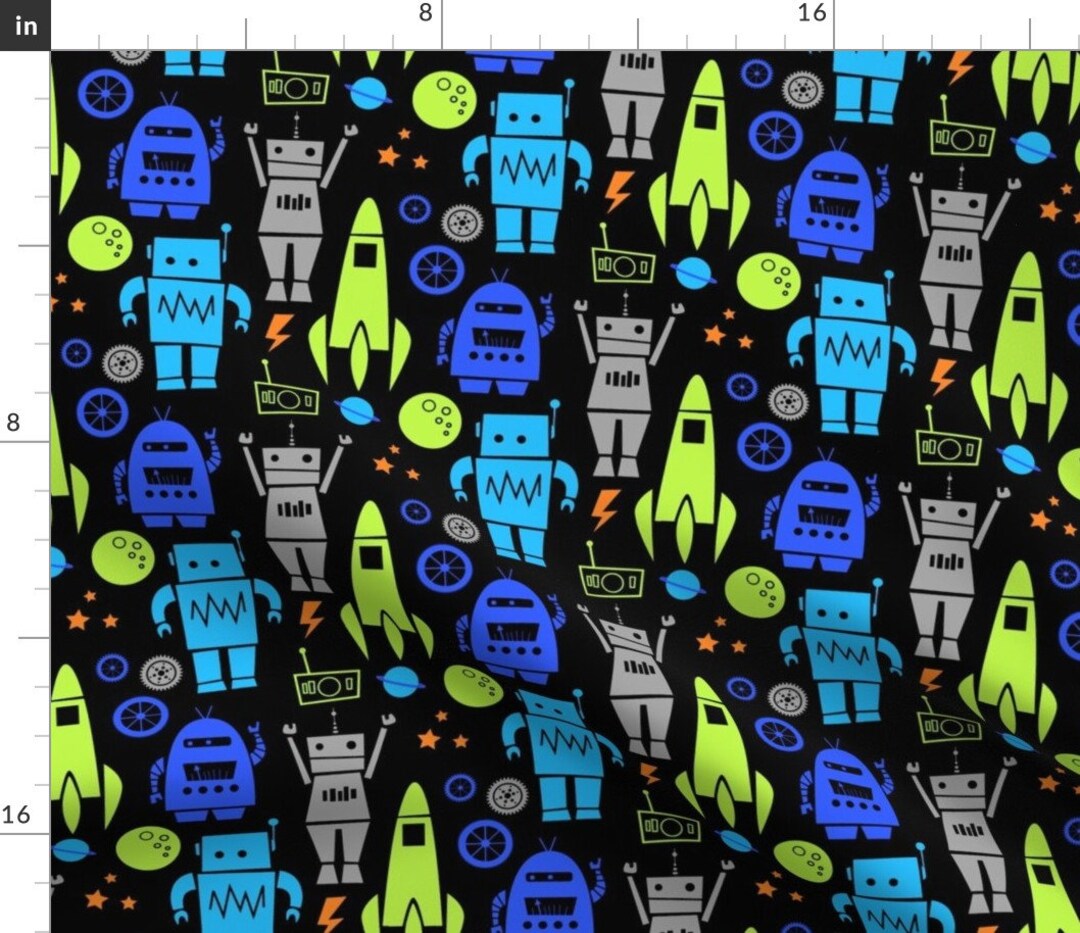 Robots Fabric Rockets N' Robots lime by Leanne Hatch Space Robot Boys ...