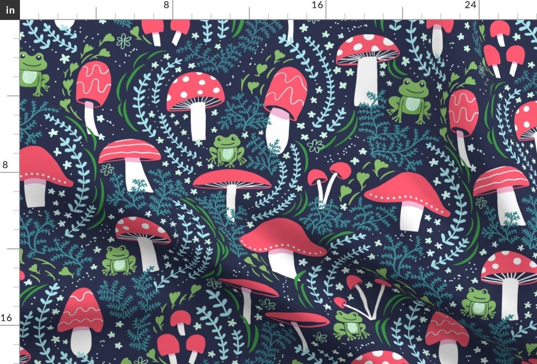 Toad Fabric - Mushrooms, Toadstools and Frogs by Creativeinchi - Navy ...