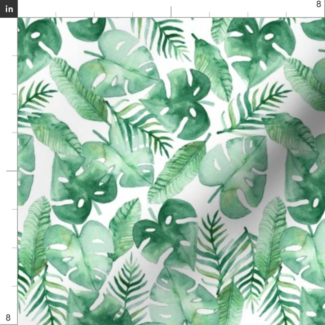 Tropical Green Leaves Fabric - Tropical Jungle on White by Tangerine ...
