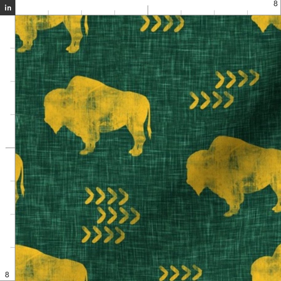 Buffalo Fabric Distressed Buffalo On Green Linen Gold By - Etsy España