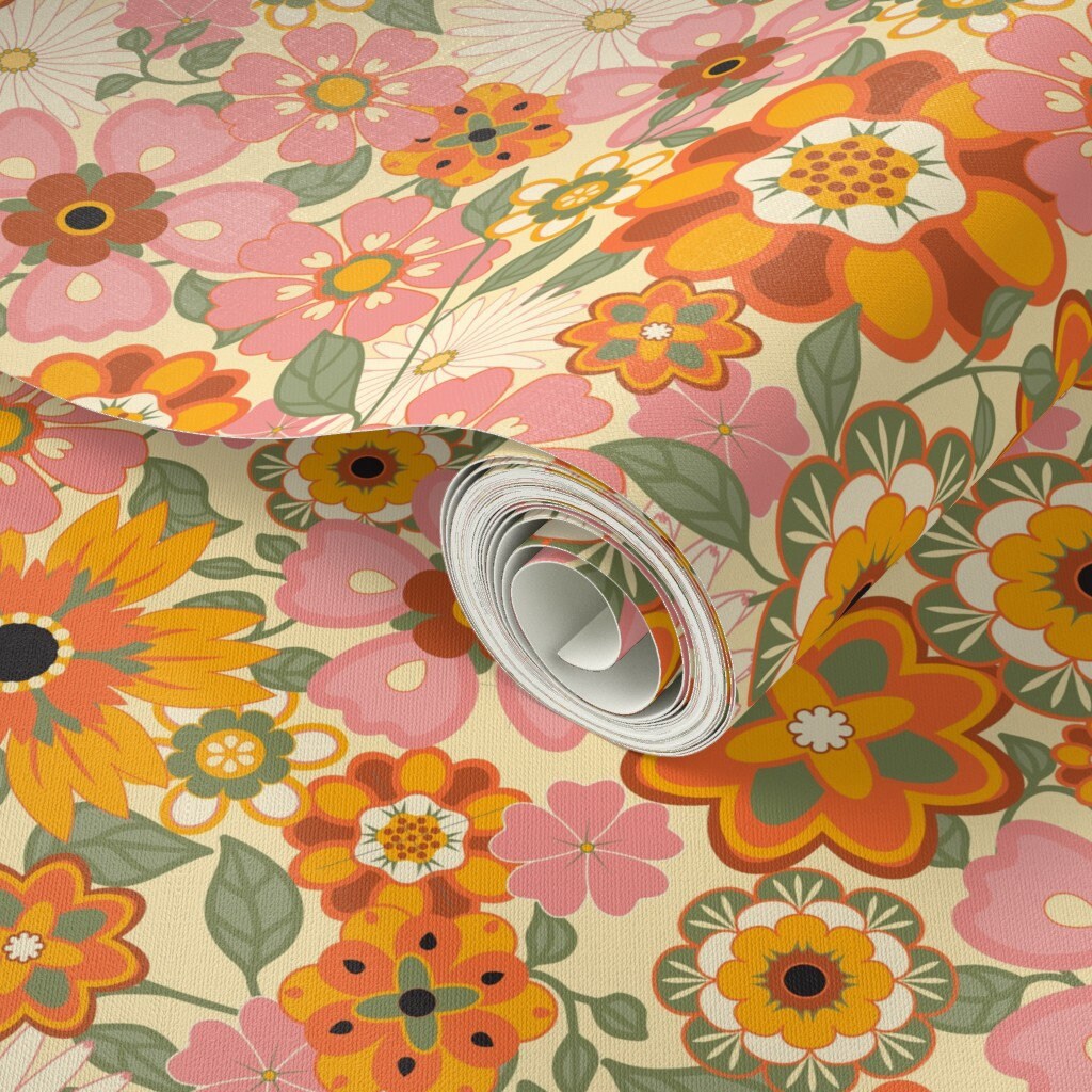 Pink 70s Floral Wallpaper Flower Power by Anne_leue Retro - Etsy