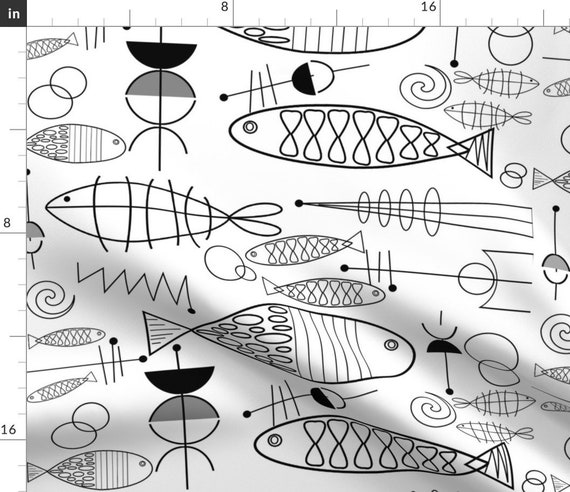 Mid-century Fish Fabric Mid-century Modern Fish Black White - Etsy