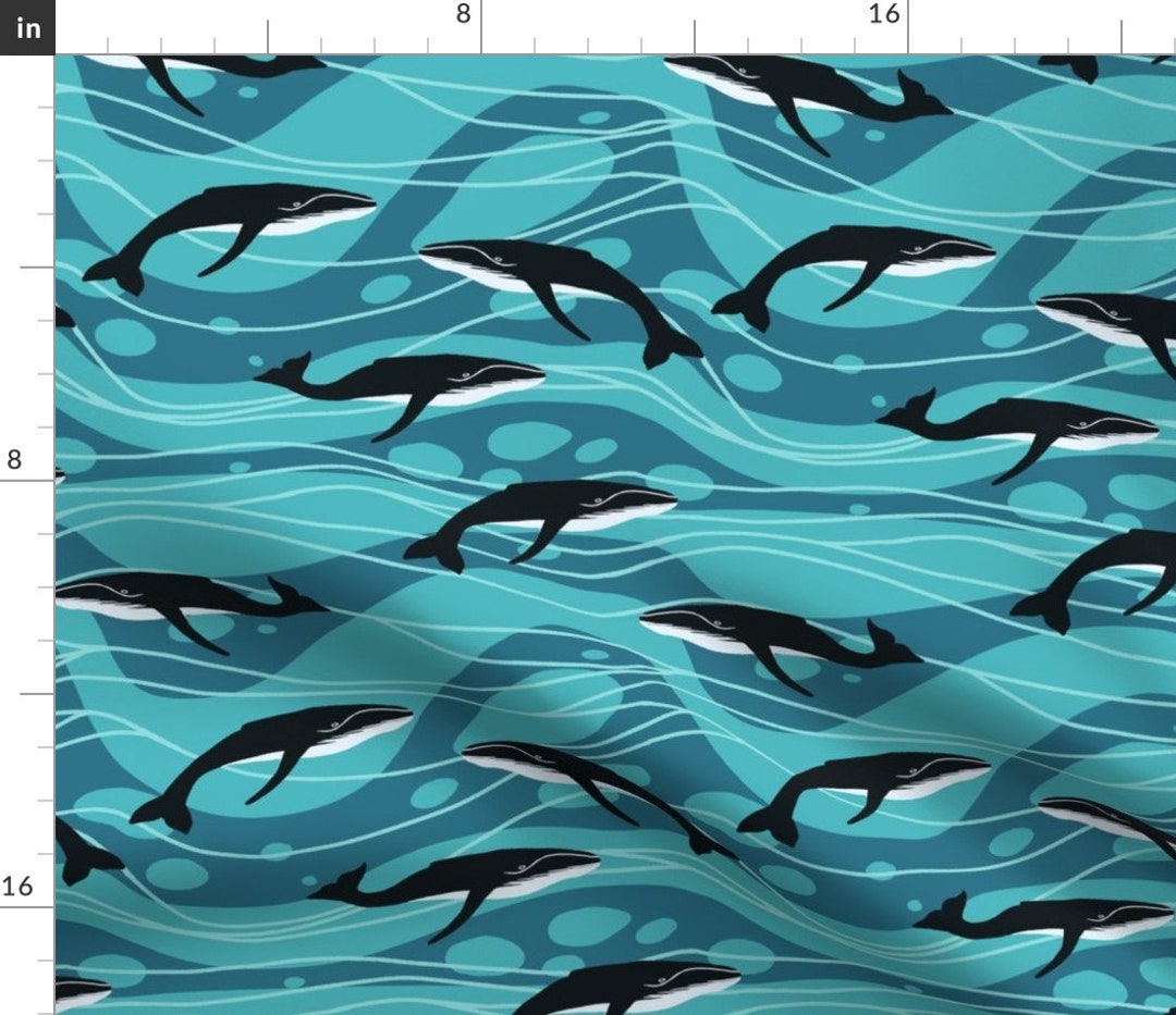 Whales Fabric Whalesong by Olooriel Retro Mid Century Blue Waves Orca Ocean Sea Life Animals ...