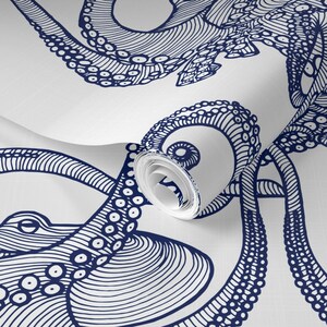 Cephalopod Wallpaper Giant Octopi Navy White by Patricia - Etsy