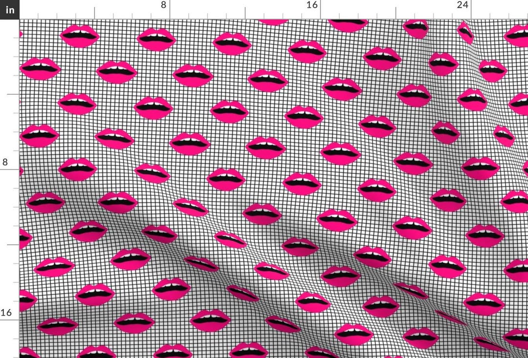 Lips Fabric - Love Lips Lipstick Grid Pink Black White Grid Memphis ...