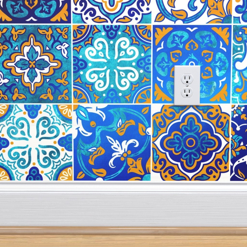 Spanish Wallpaper Sea Breeze Spanish Tile by Penguinhouse | Etsy