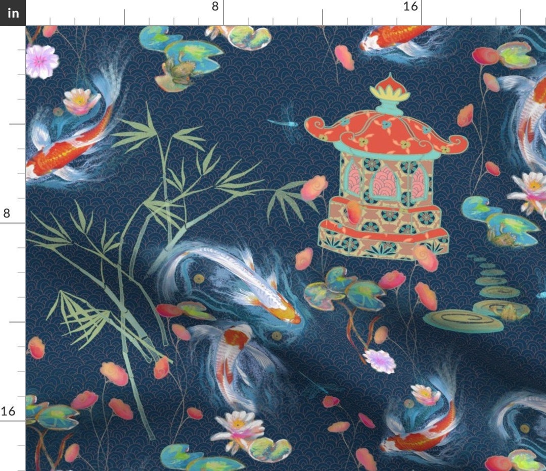 Japanese Fabric Japanese Water Garden Navy by Designed by - Etsy