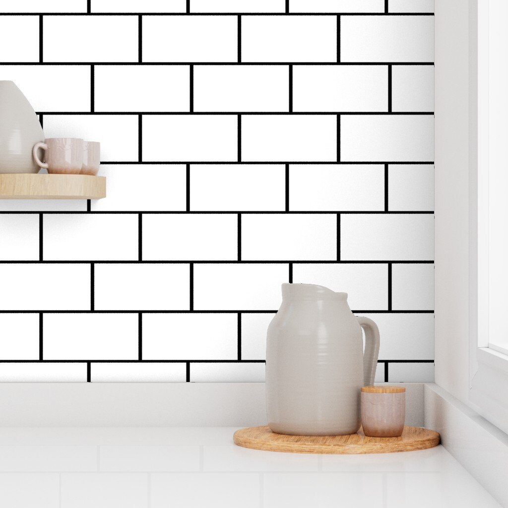 Subway Tiles Wallpaper Subway Tile Neat Black White by Lub - Etsy