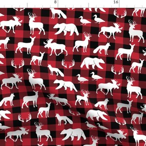 Buffalo Plaid Fabric Woodland Animals on Buffalo Plaid by - Etsy