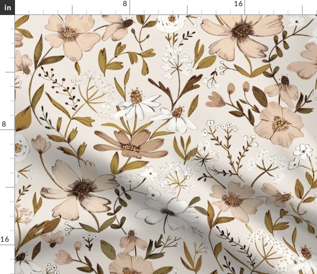 Neutral Floral Fabric Vintage-bloom 1 by Gomboc Spring Beige Brown ...
