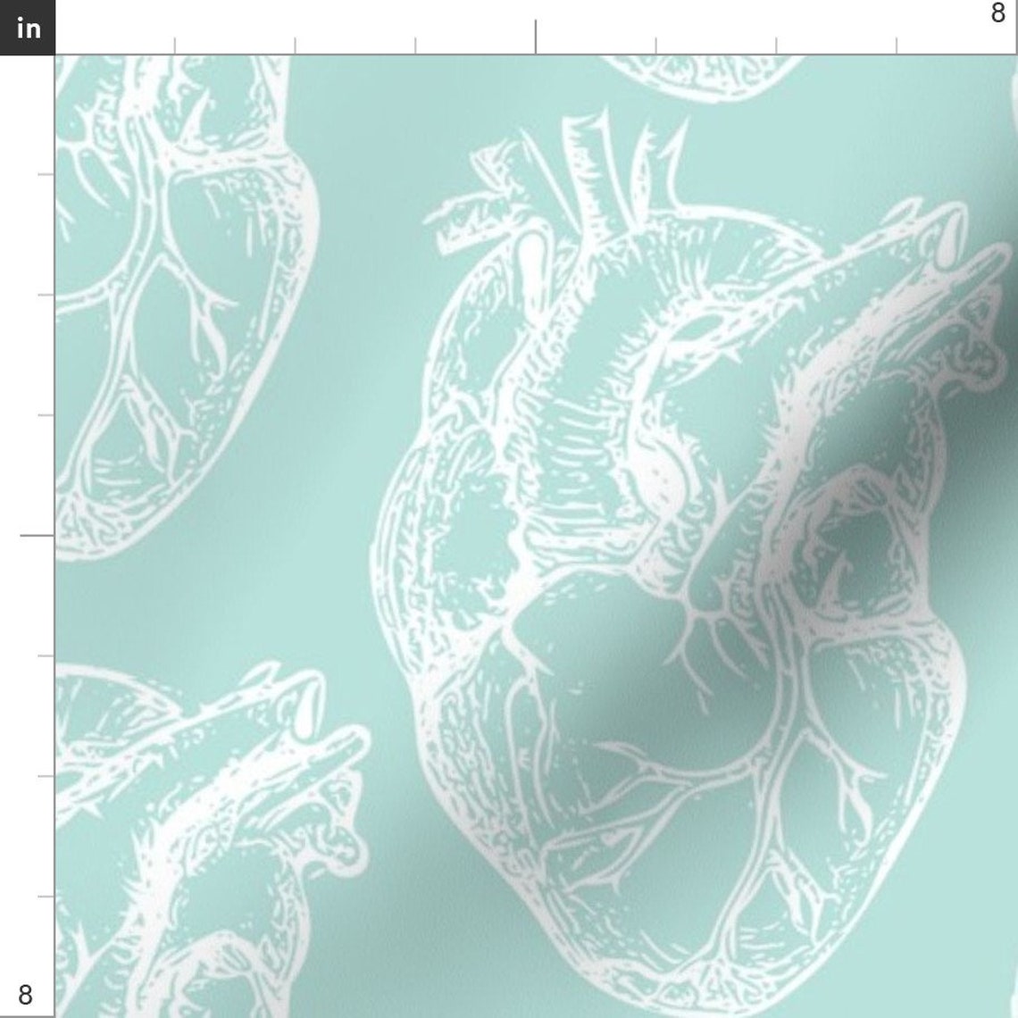 Heart Fabric Hearts Anatomical White on Seafoam by - Etsy