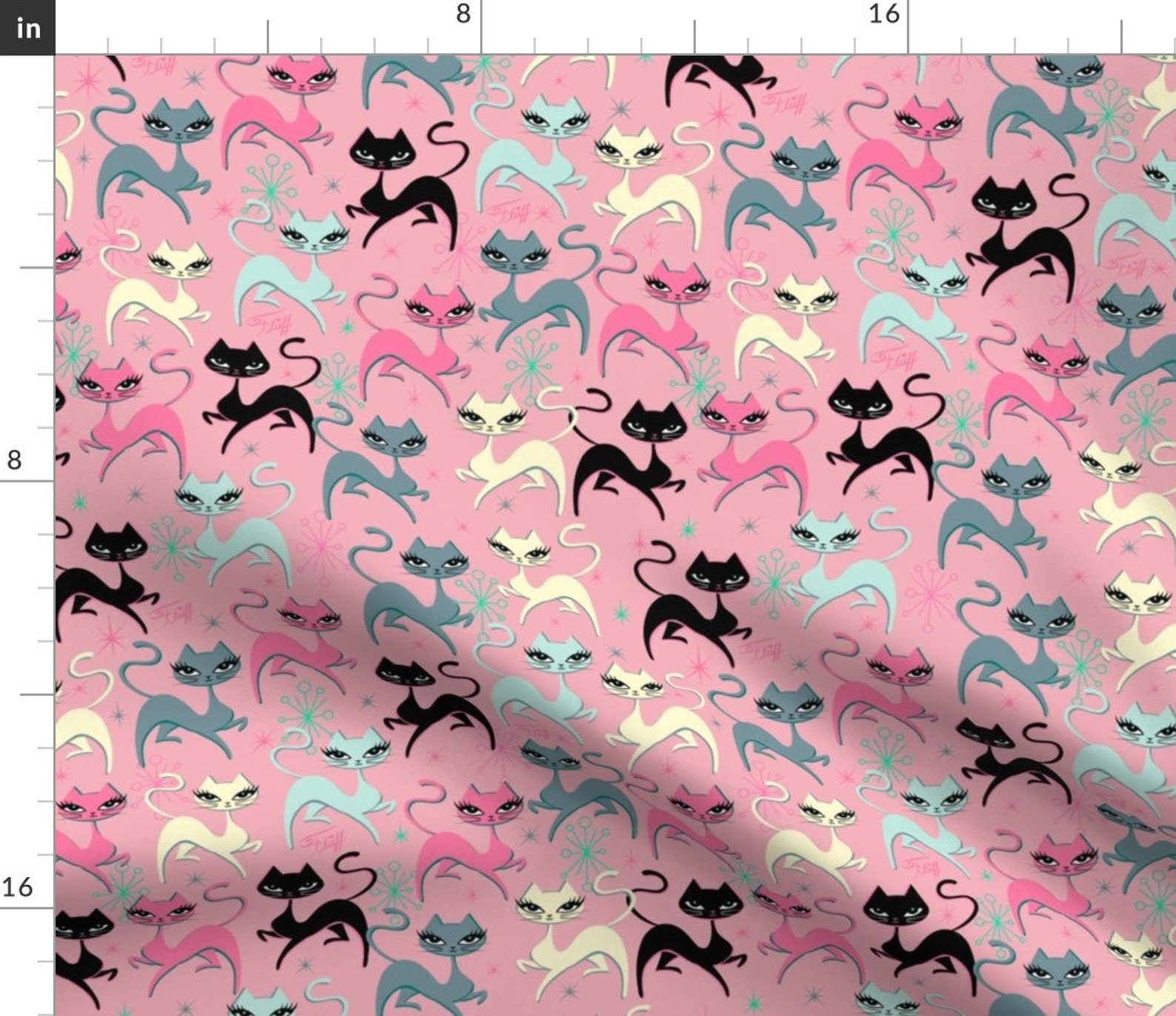 Mid Century Modern Fabric Prancing Kitten-fabric-pink by - Etsy