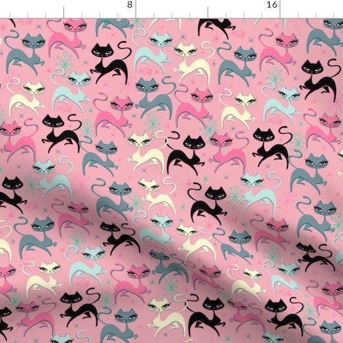 Mid Century Modern Fabric Prancing Kitten-fabric-pink by - Etsy