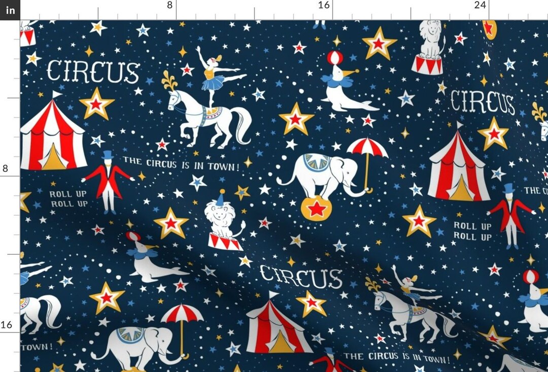 Retro Circus Fabric - Retro Circus Elephant Ring Master Blue Vintage by ...