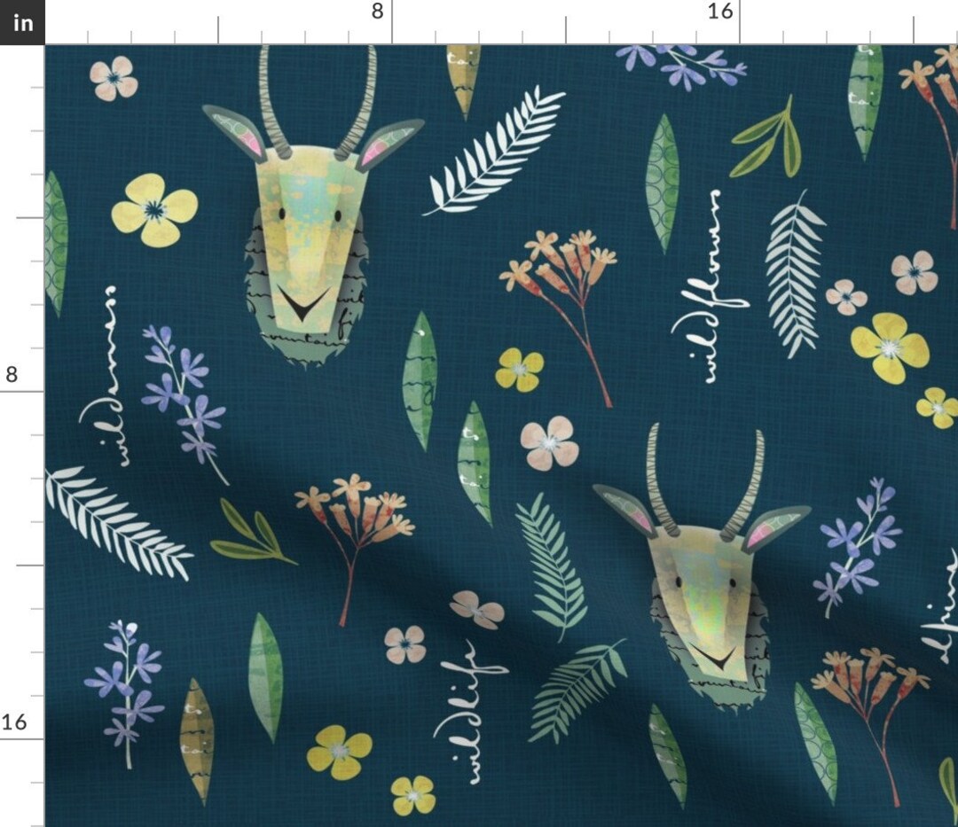 Goat Fabric Goats on Dark Blue by Mulberry Tree Goats Blue Farm Animals ...