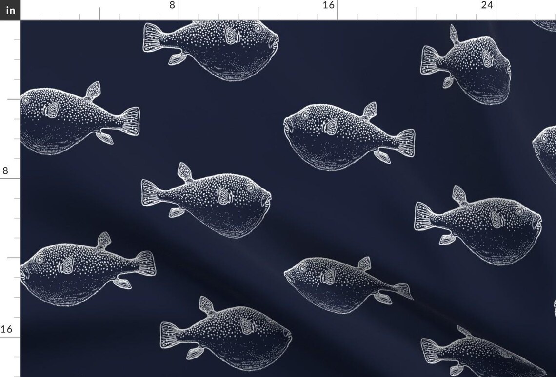 Navy Puffer Fish Fabric - White Blowfish Pufferfish Fish on Navy by ...