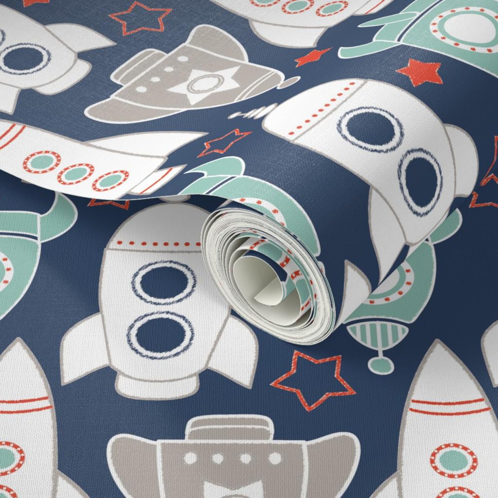 Rocket Ships Wallpaper - Rocket Race in Navy by Sugarfresh - Space Boy ...