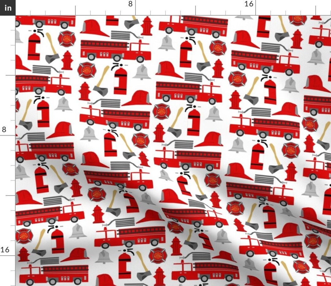 Fireman Fabric Fireman Career Firetruck Kids Boys Nursery Fabric White ...