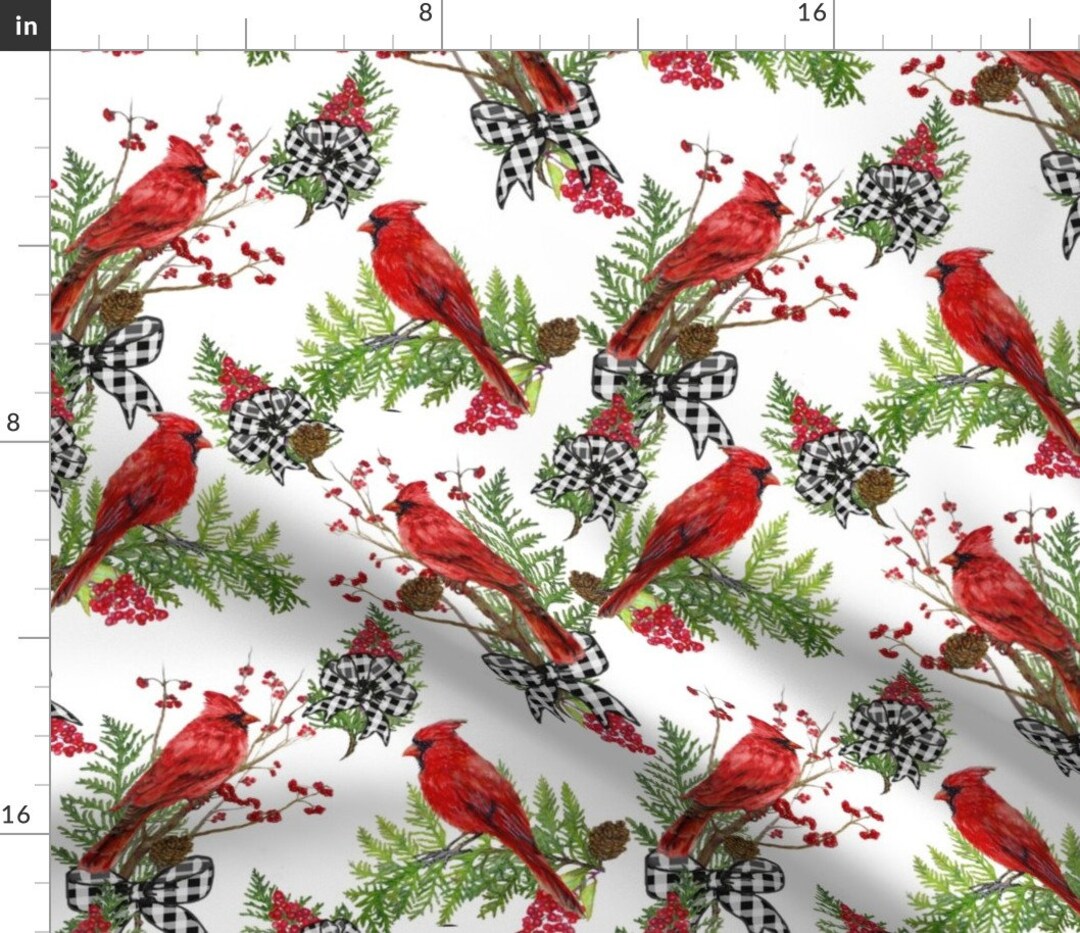 Botanical Birds Fabric Winter Cardinals Farmhouse Bows by - Etsy