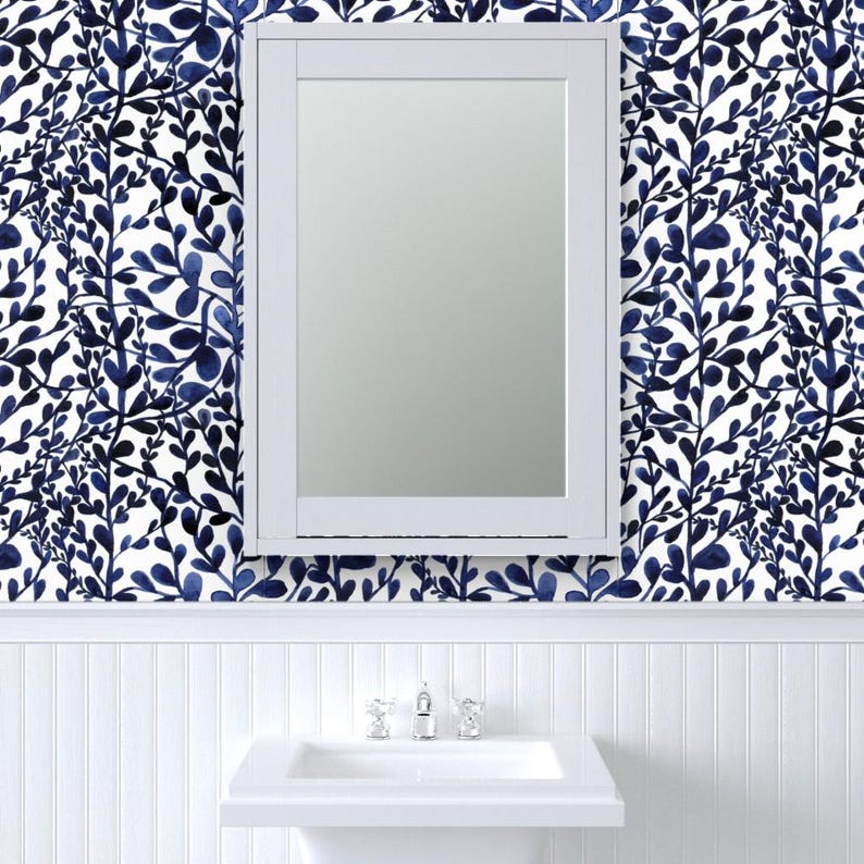 Botanical Wallpaper - Navy Floral Leaves by Marjolein in Wonderland ...