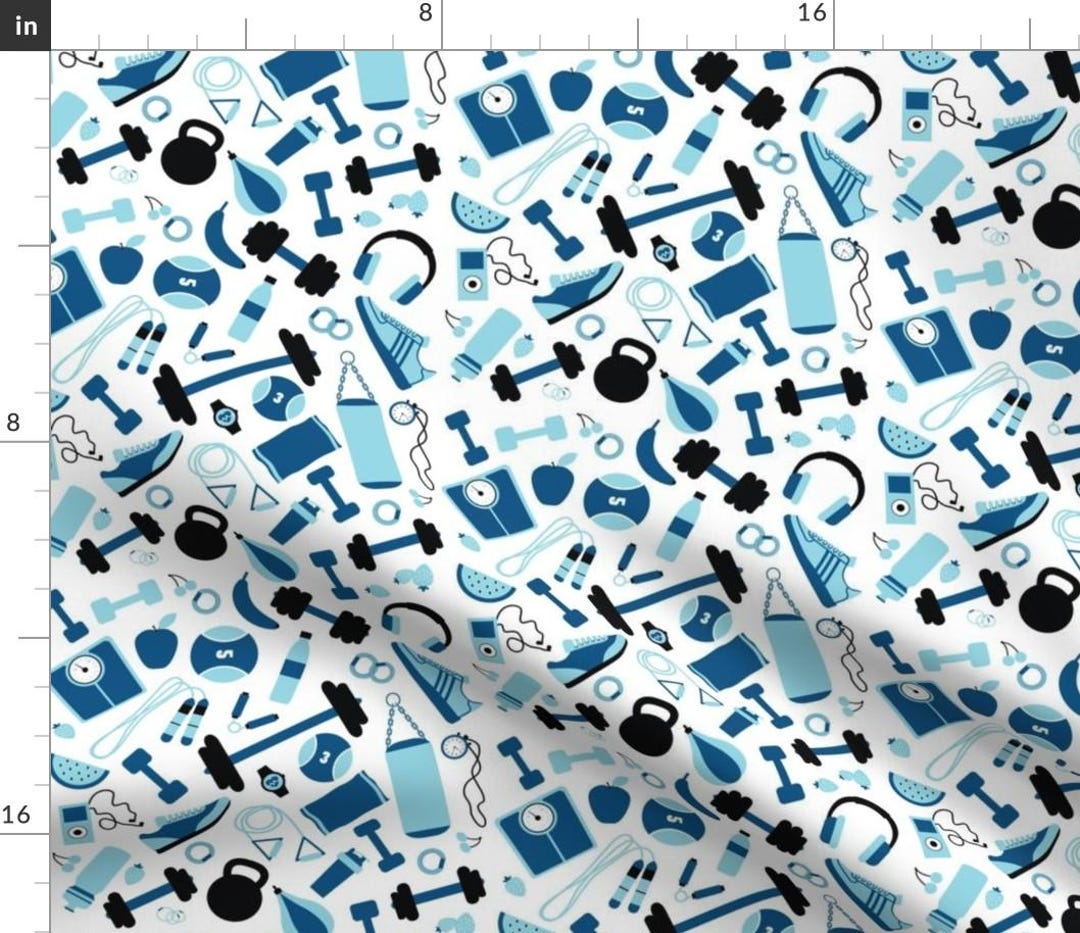 Blue Gym Equipment Fabric Time to Hit the Gym by Vintage Style Gym Blue ...