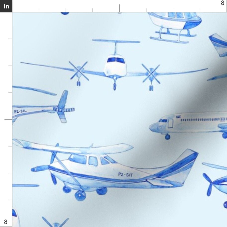 Aviation on Blue Fabric Blue Planes by Karinka Watercolor - Etsy
