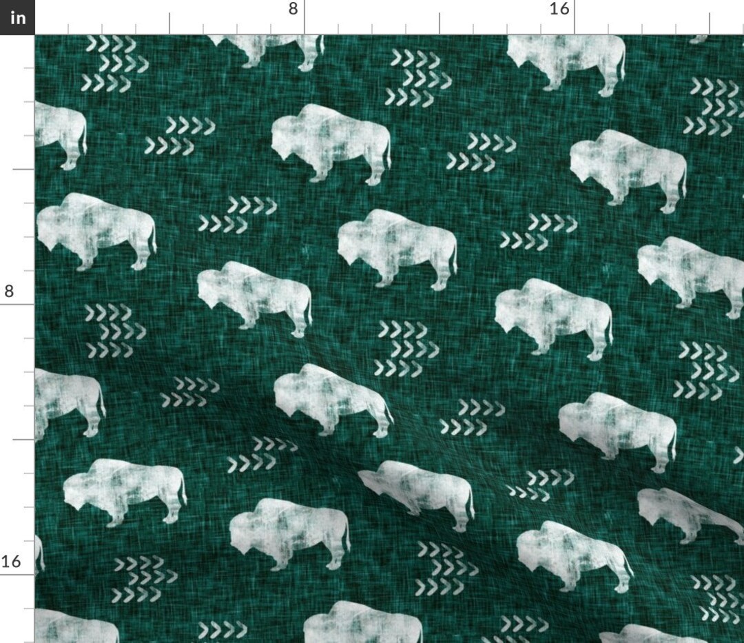 Bison Fabric Distressed Buffalo on Dark Green Linen by - Etsy