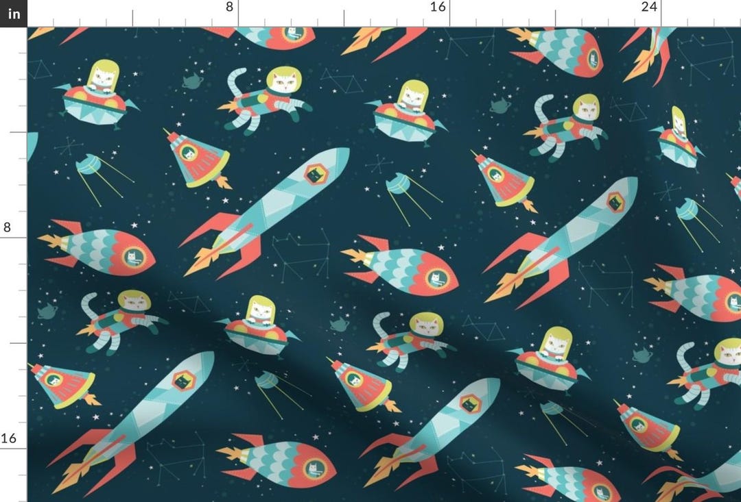 Rocket Kitties Fabric - Cats is Space! by Pinkowlet -kids Kawaii Kitty ...