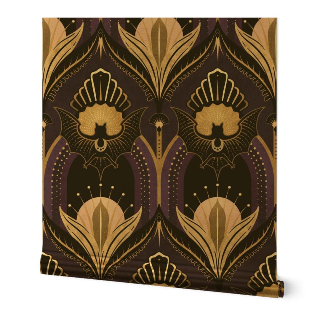 Art Deco Bats Gold or Silver Metallic Wallpaper - Bats and Flowers by ...