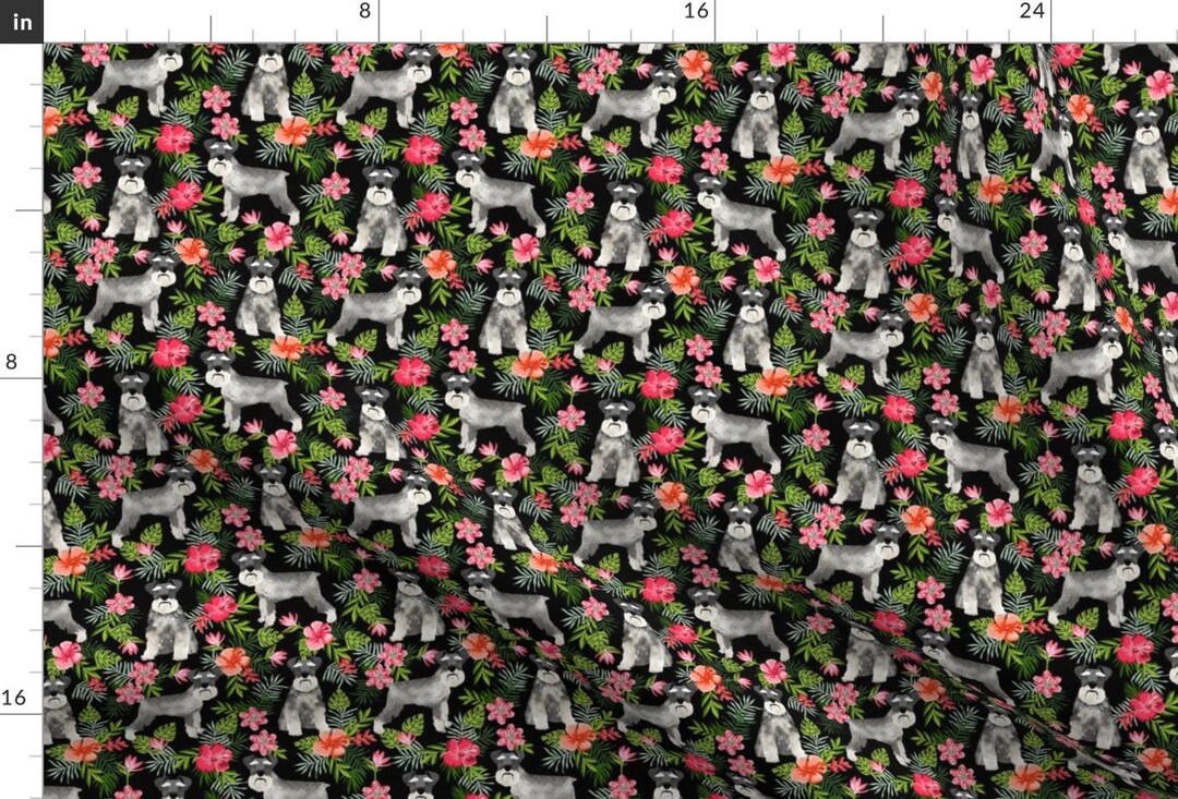 Summer Schnauzer Fabric - Schnauzer Hawaiian Summer Tropical Monstera ...