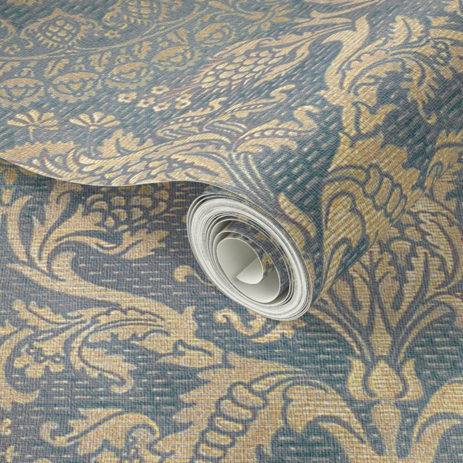 Damask Wallpaper Provencal Blue and Gold Large by - Etsy