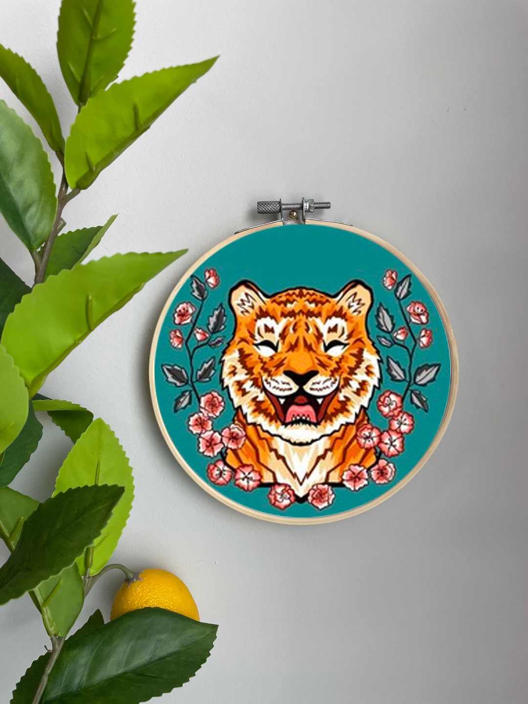 Tiger Embroidery Template on Cotton - Blossoming Tabby Tiger by ...