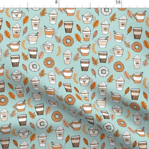 Fall Coffee Fabric Kawaii Autumn Leaves and Pumpkin Spice - Etsy