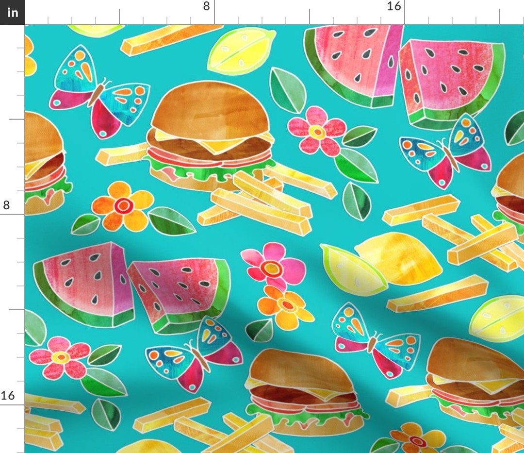 Summer Foods Fabric Cookout Collage With Burgers Butterflies - Etsy