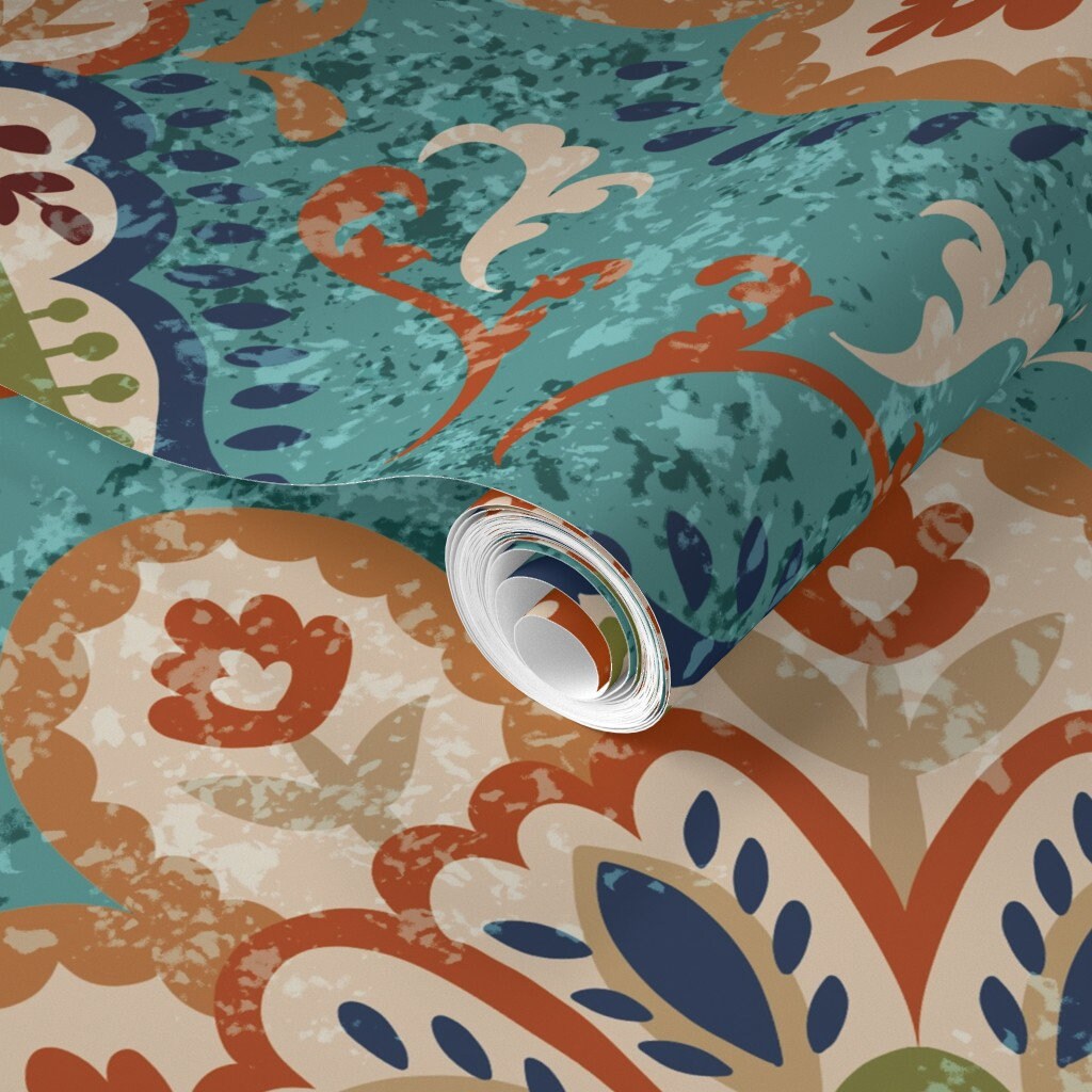 Rococo Wallpaper Vintage Anette by Oppositedge Teal Orange - Etsy