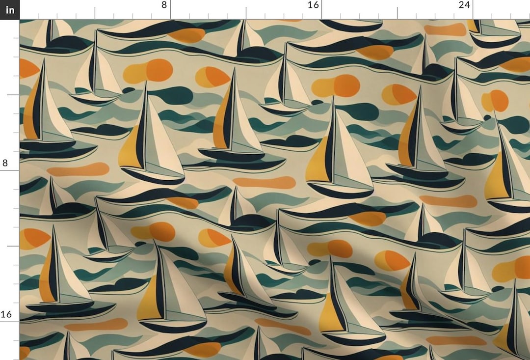 Mid Century Sailboat Fabric - Nautical by Nickleen - Nantucket Coastal ...