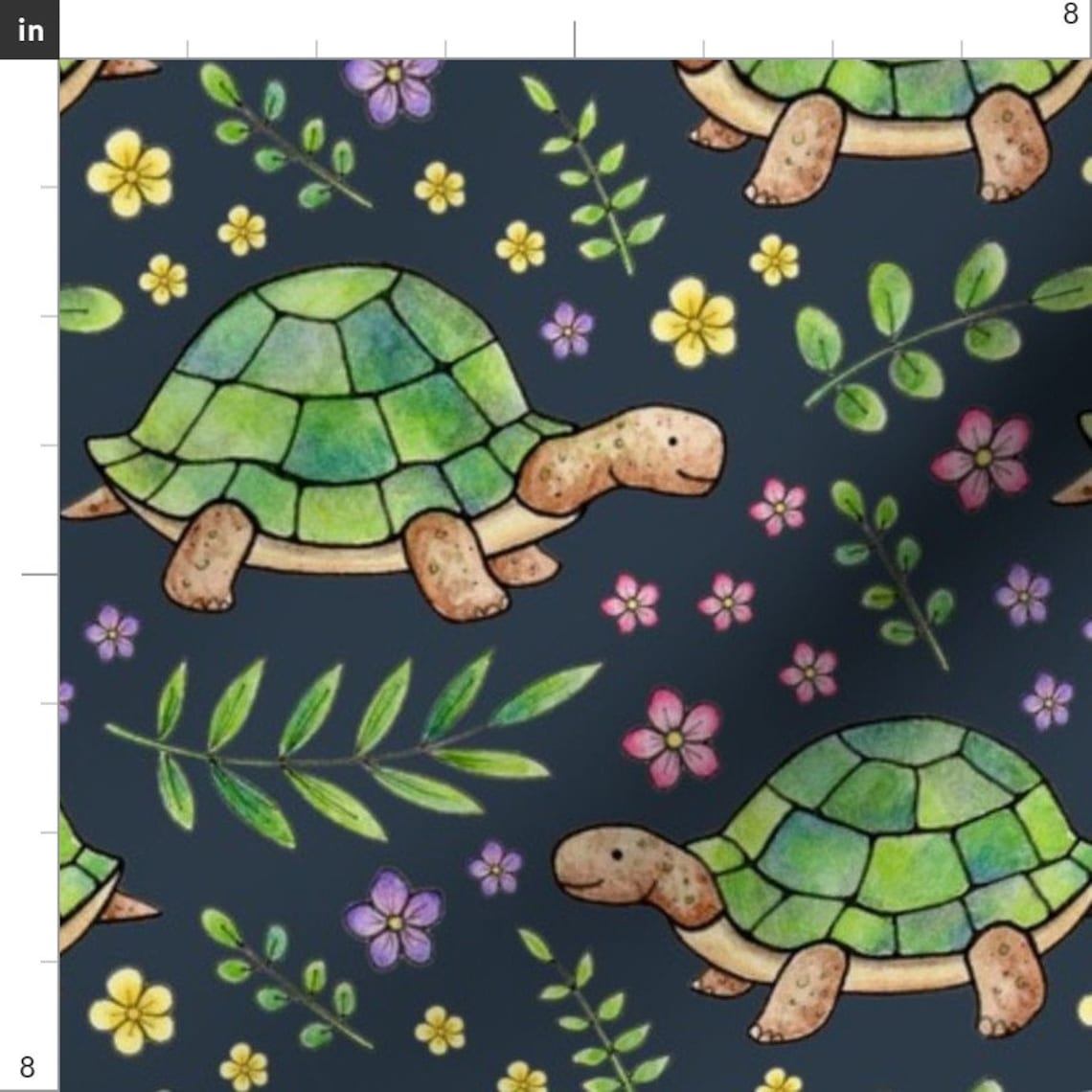 Tortoise Green Fabric Tortoises and Flowers on Navy-grey - Etsy