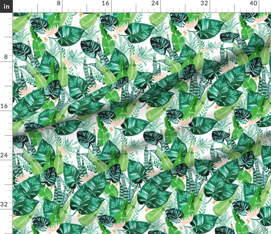 Tropical Leaves Fabric Jungle Tropical White by Crystal - Etsy