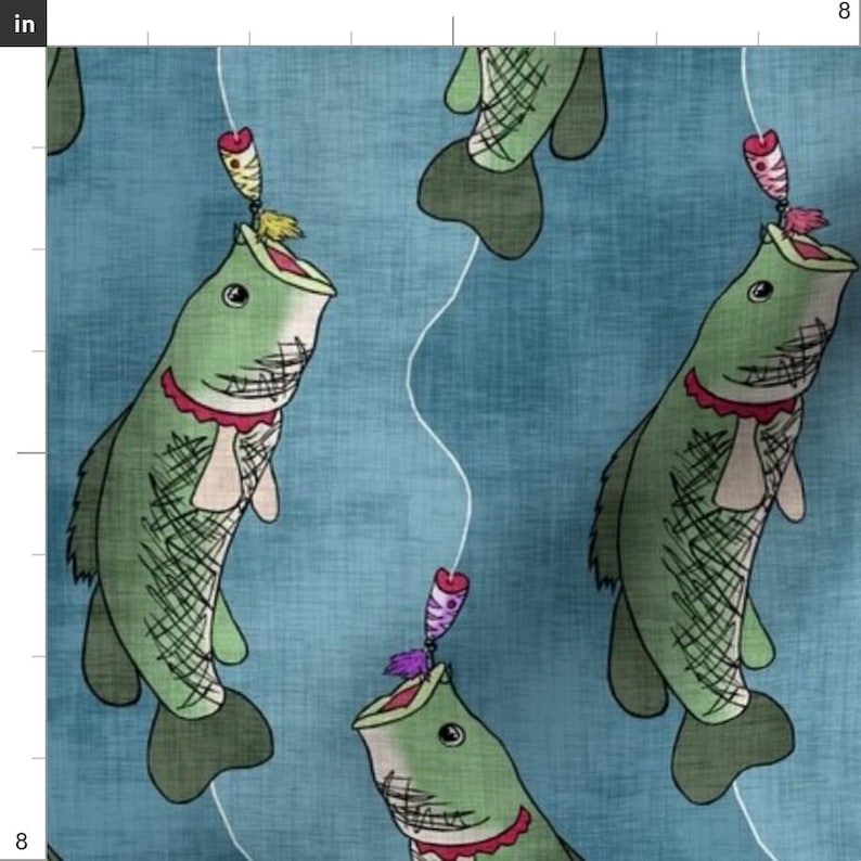 Fishing Lure Fabric - Bass Fishing on Linen by Pond Ripple - Manly ...