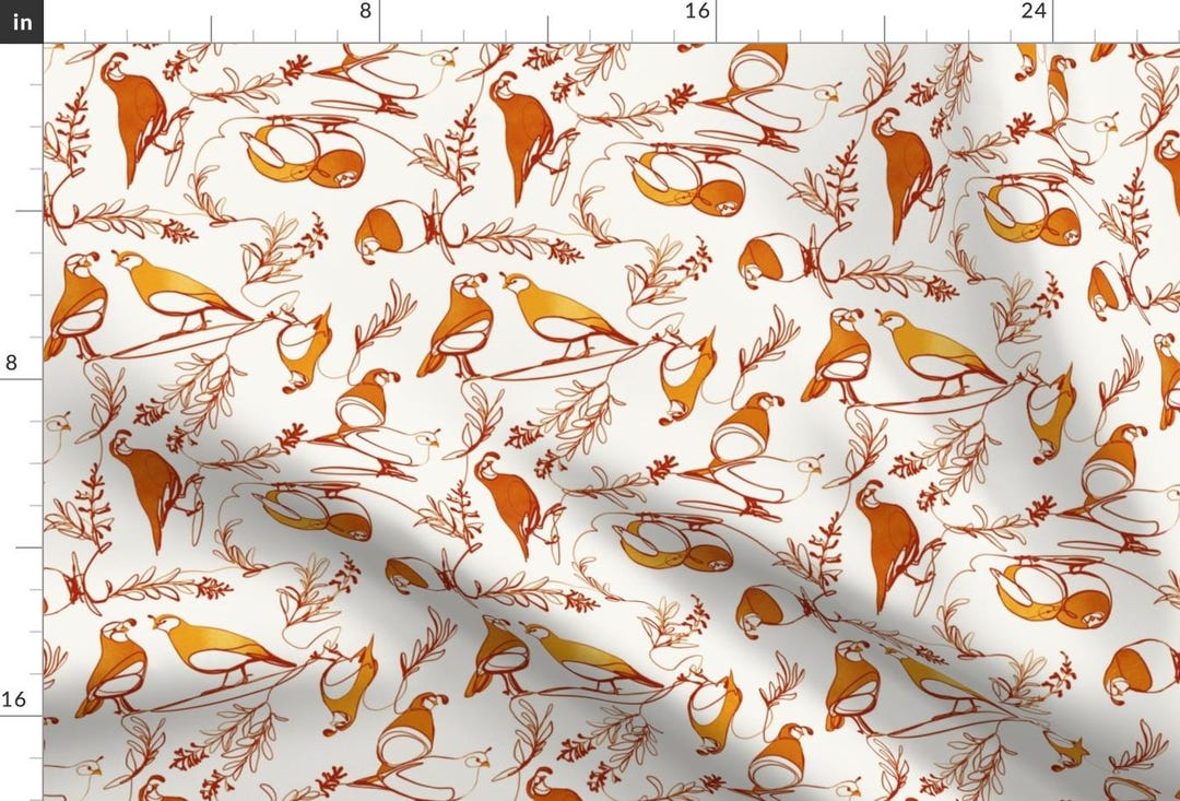 Quail Fabric - Continuous Line Quail By Ghouk - Autumn Birds Leaves ...