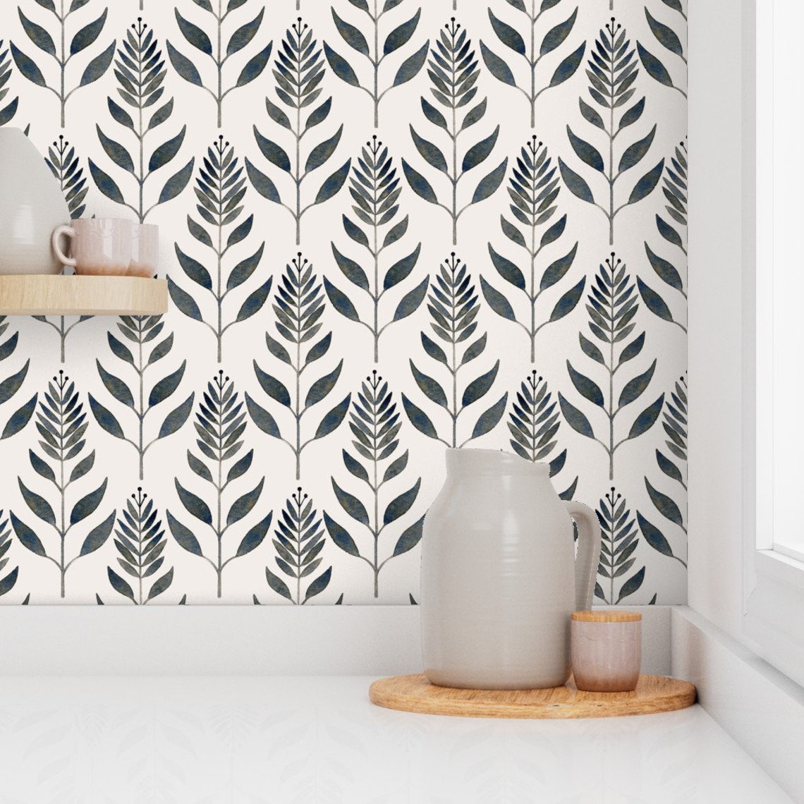 Botanical Wallpaper Navy Leaves Antiqued by Bluebirdcoop - Etsy