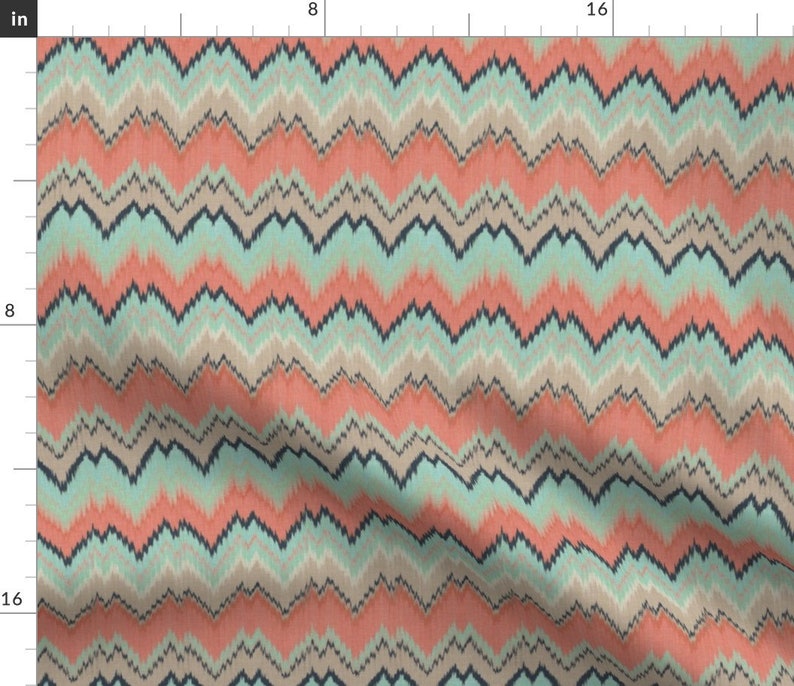 Ikat Fabric Half Scale Ikat Chevron in Coral Mint and Navy - Etsy