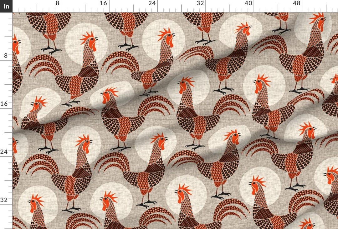 Red Roosters Extra Wide Sateen Fabric Bird Vintage Retro Birds Roosters ...