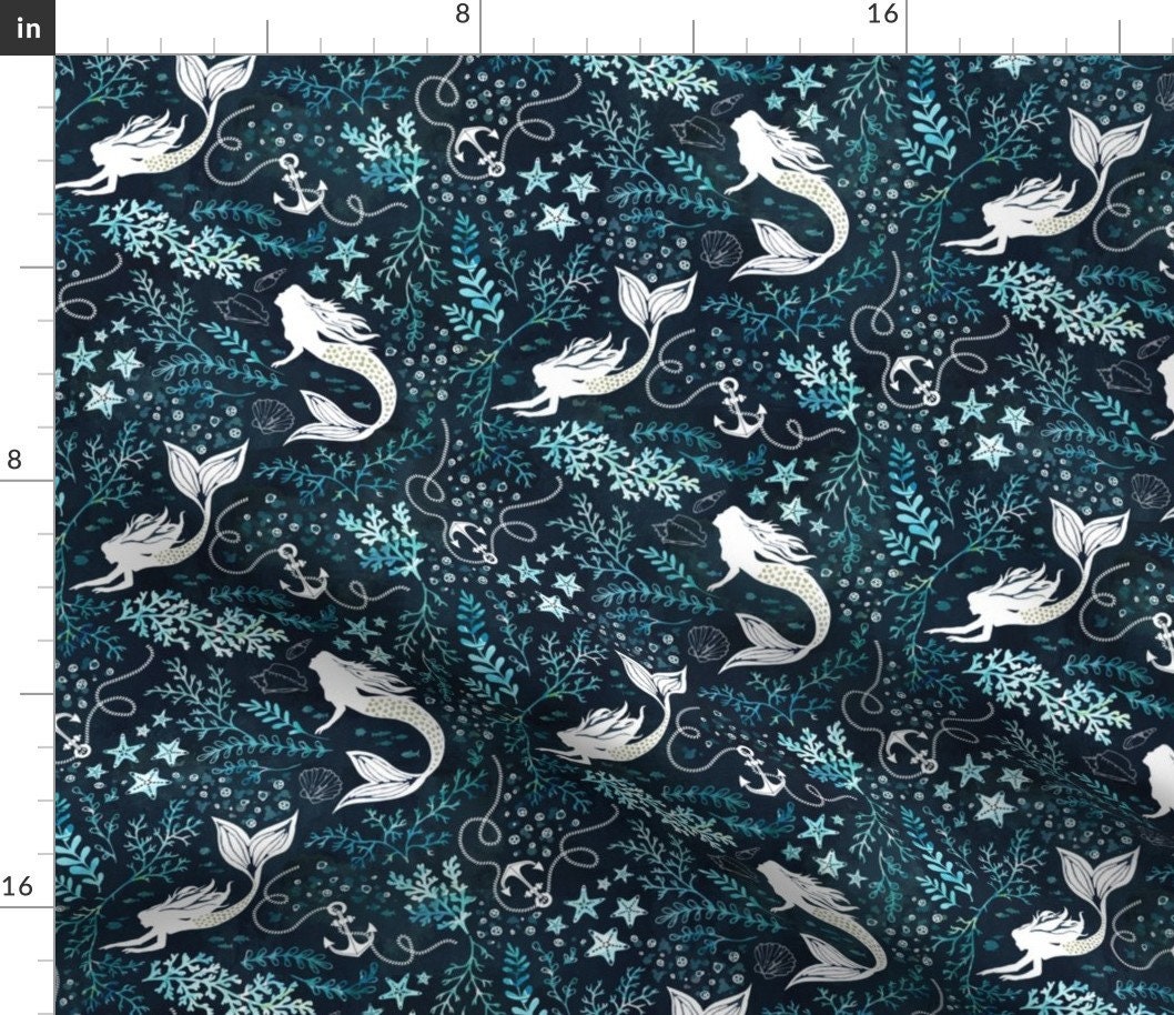 Dreamy Blue Mermaids Fabric Teal Mermaid Ocean Small by - Etsy