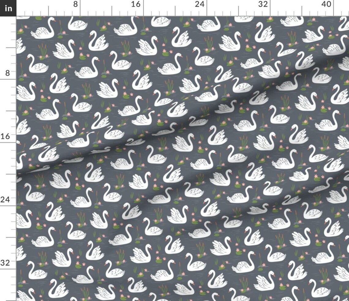 Swan Fabric Swans On Dark Grey By Caja Design Swan Cotton | Etsy