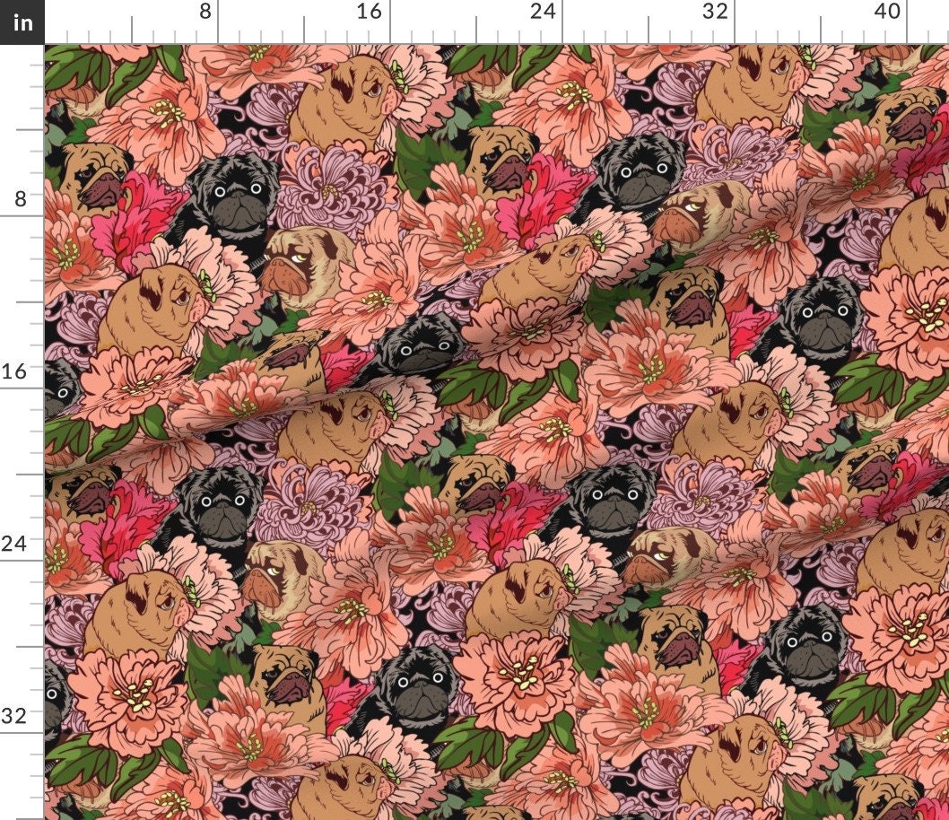 Pug Fabric Because Pugs by Huebucket Pug Floral Animal Dog - Etsy