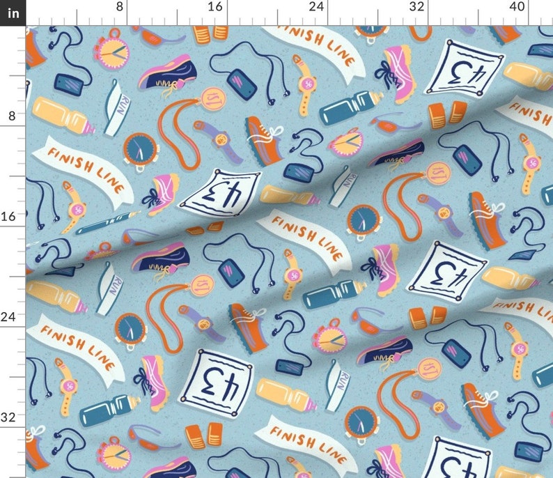 Marathon Running Blue Fitness Pattern Fabric Marathon by New - Etsy